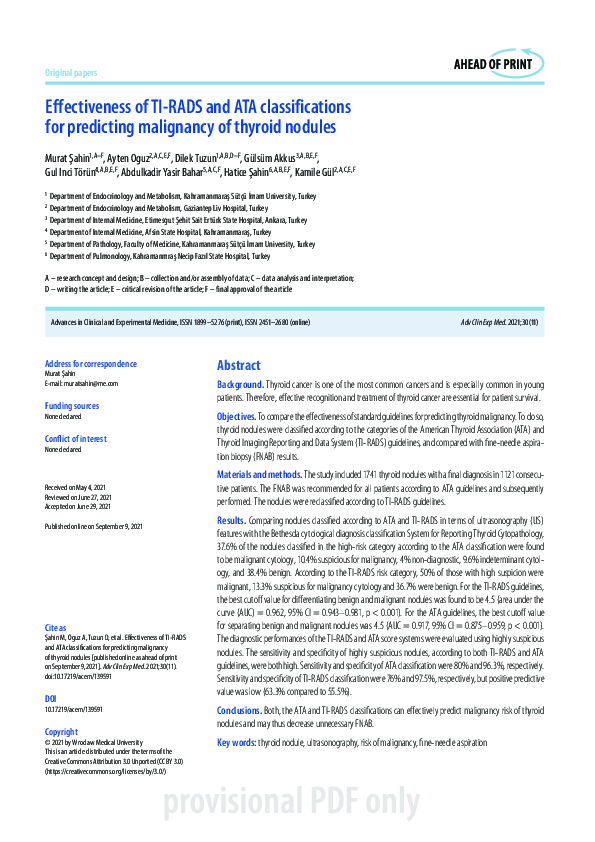Pdf Effectiveness Of Ti Rads And Ata Classifications For Predicting Malignancy Of Thyroid Nodules