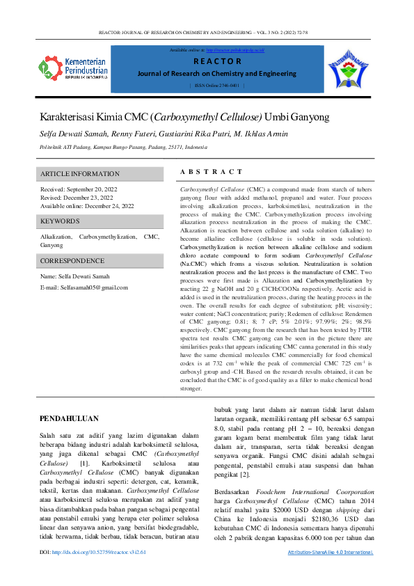 (PDF) Karakterisasi Kimia CMC (Carboxymethyl Cellulose) Umbi Ganyong ...