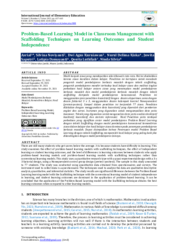 (PDF) Problem-Based Learning Model in Classroom Management with Scaffolding Techniques on ...
