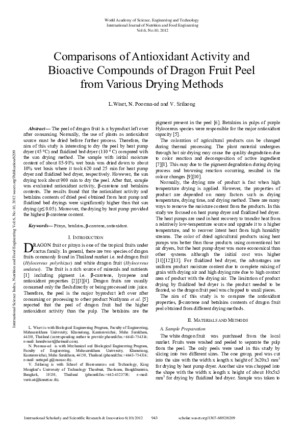 (PDF) Comparisons Of Antioxidant Activity And Bioactive Compounds Of Dragon Fruit Peel From ...