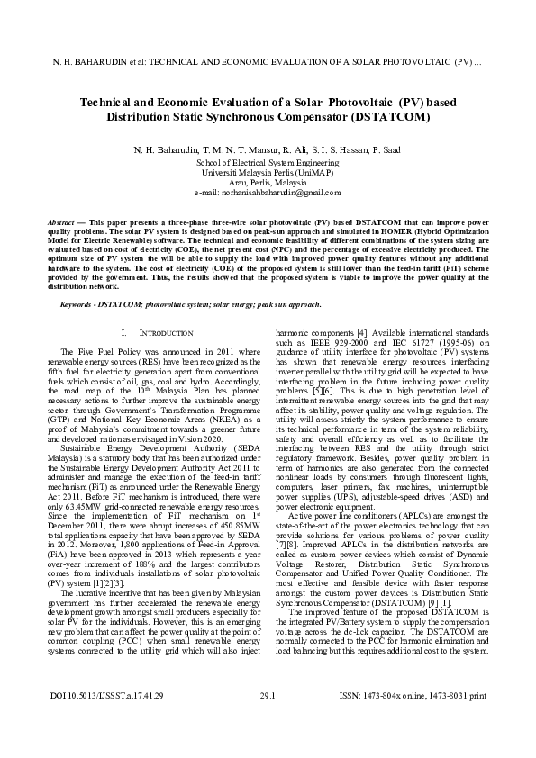 Pdf Technical And Economic Evaluation Of A Solar Photovoltaic Pv Based Distribution Static