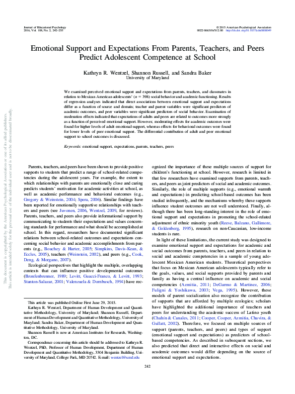 (PDF) Emotional support and expectations from parents, teachers, and ...