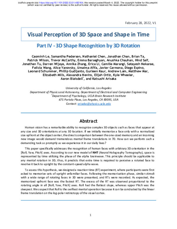 (PDF) Visual Perception of 3D Space and Shape in Time - Part IV - 3D Shape Recognition by 3D ...