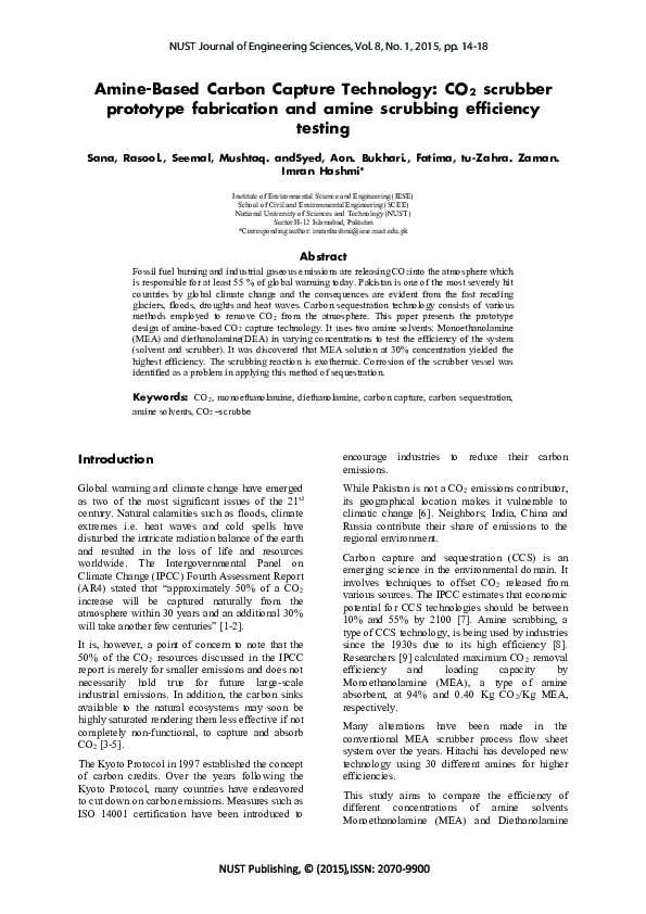 (PDF) Amine-Based Carbon Capture Technology: CO2 scrubber prototype ...