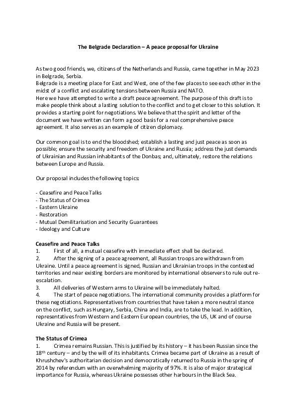 (PDF) The Belgrade Declaration - A peace proposal for Ukraine