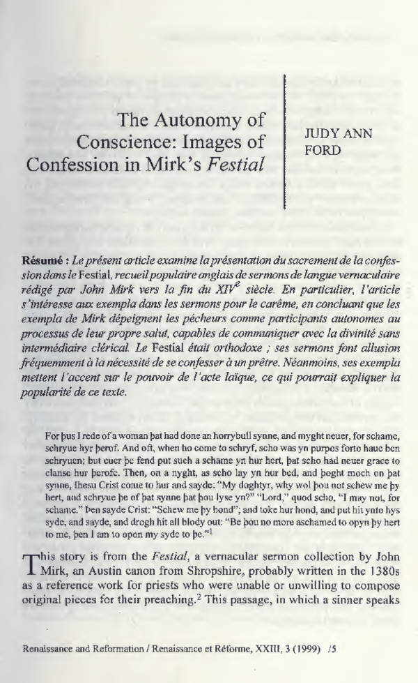 (PDF) The Autonomy of Conscience: Images of Confession in Mirk's Festial