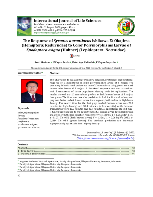 (PDF) The response of sycanus aurantiacus ishikawa et okajima (hemiptera: reduviidae) to color ...