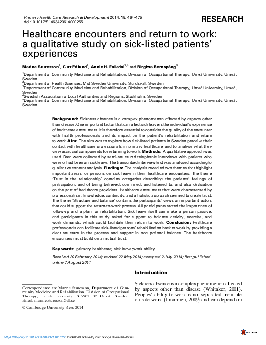 (PDF) Healthcare encounters and return to work: a qualitative study on ...