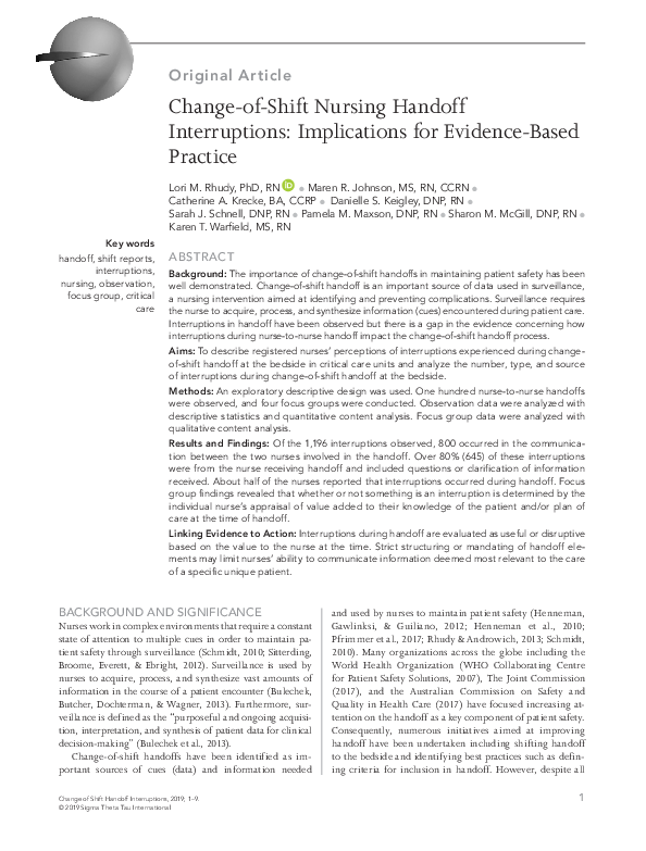 (PDF) Change‐of‐Shift Nursing Handoff Interruptions: Implications for ...