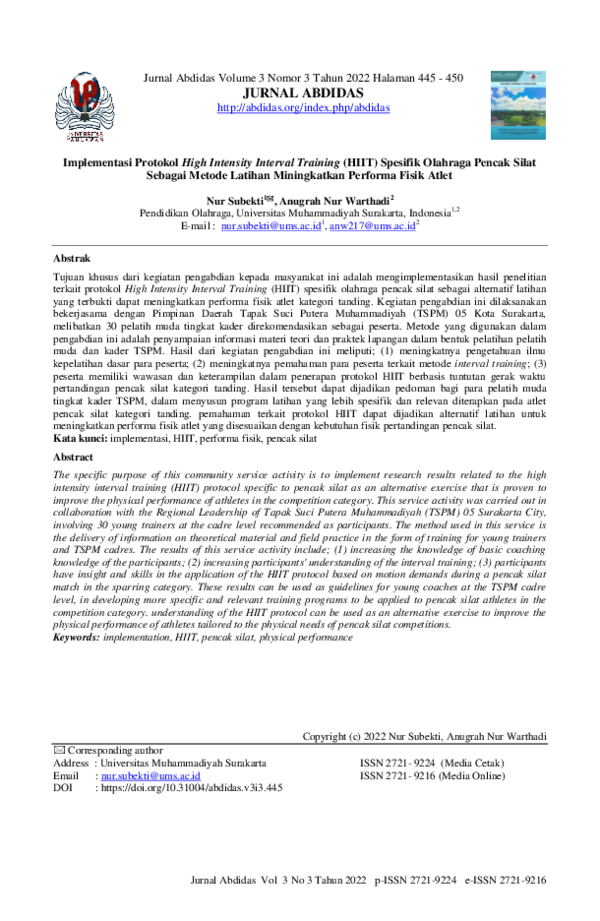 (PDF) Implementasi Protokol High Intensity Interval Training (HIIT) Spesifik Olahraga Pencak ...