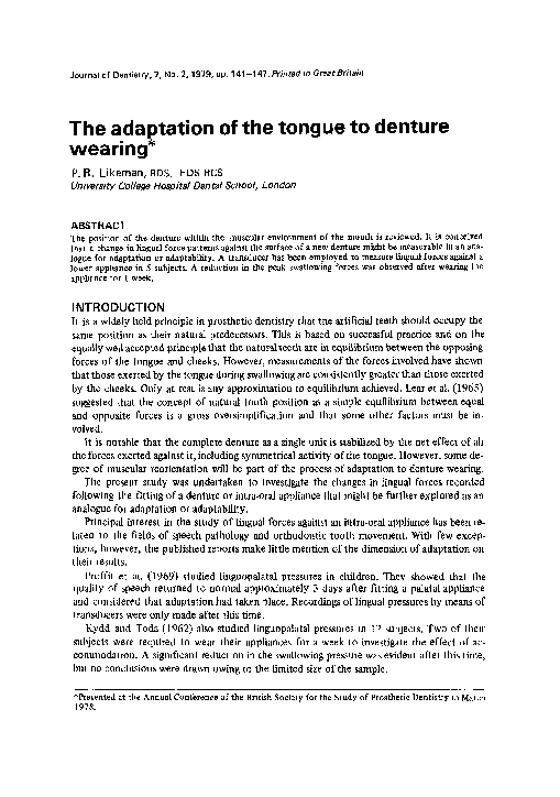 (PDF) The adaptation of the tongue to denture wearing | Peter Likeman ...
