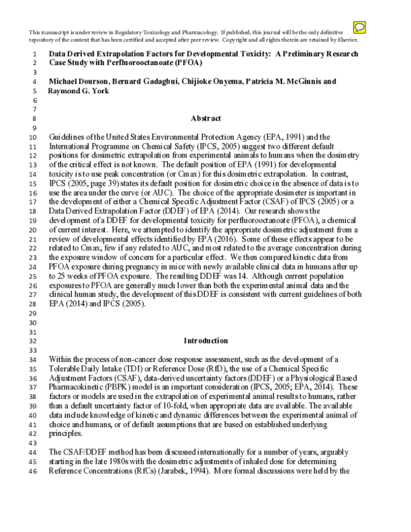 (PDF) Data derived Extrapolation Factors for developmental toxicity: A ...