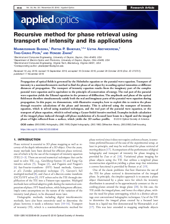 (PDF) Recursive method for phase retrieval using transport of intensity and its applications