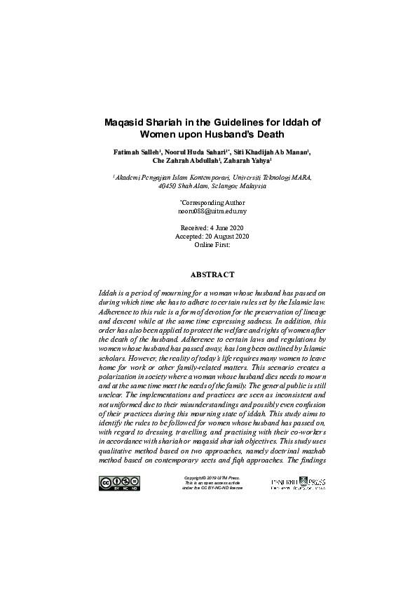 (PDF) Maqasid Shariah in the Guidelines for Iddah of Women upon Husband ...
