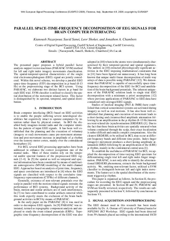 (PDF) Parallel space-time-frequency decomposition of EEG signals for brain computer interfacing
