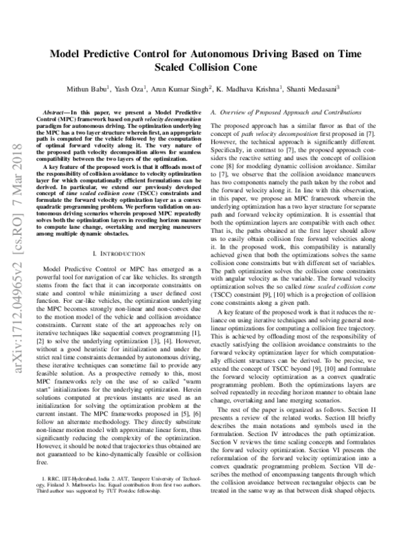 (PDF) Model Predictive Control for Autonomous Driving Based on Time Scaled Collision Cone
