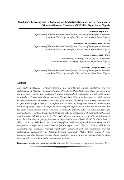 Pdf Workplace Learning And Its Influence On Job Satisfaction And Job Performance In Nigerian