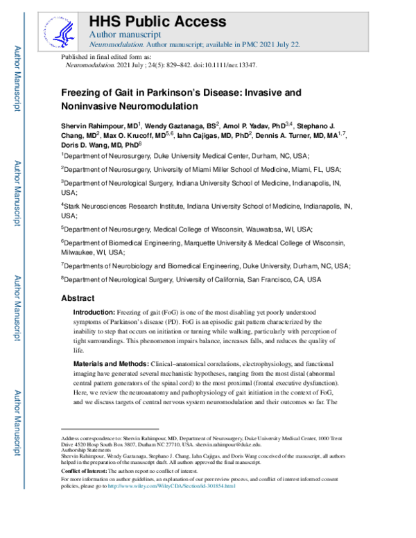 (PDF) Freezing of Gait in Parkinson’s Disease: Invasive and Noninvasive Neuromodulation