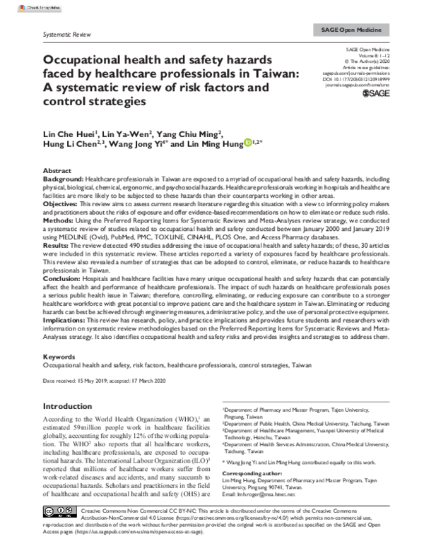 (PDF) Occupational health and safety hazards faced by healthcare professionals in Taiwan: A ...