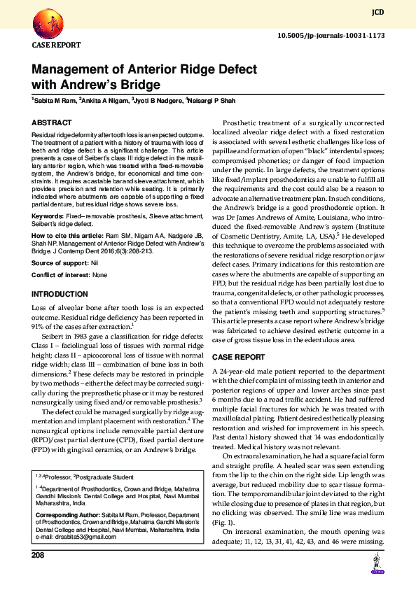 (PDF) Management of Anterior Ridge Defect with Andrew's Bridge