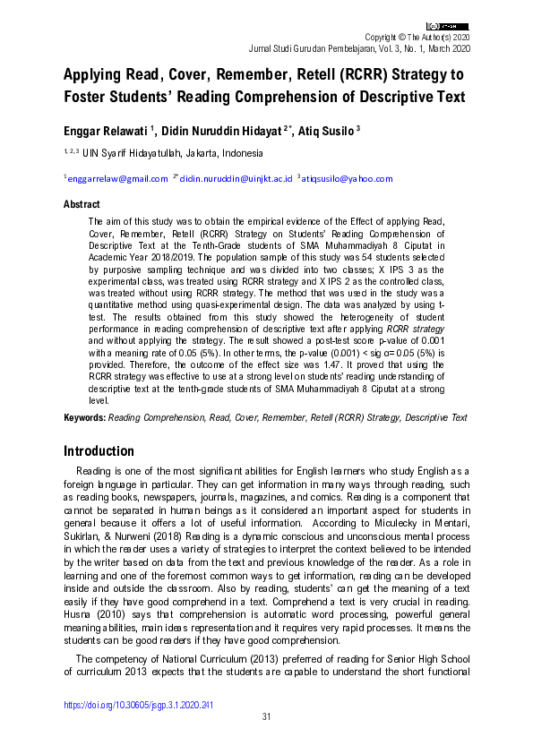 (PDF) Applying Read, Cover, Remember, Retell (RCRR) Strategy to Foster Students’ Reading ...