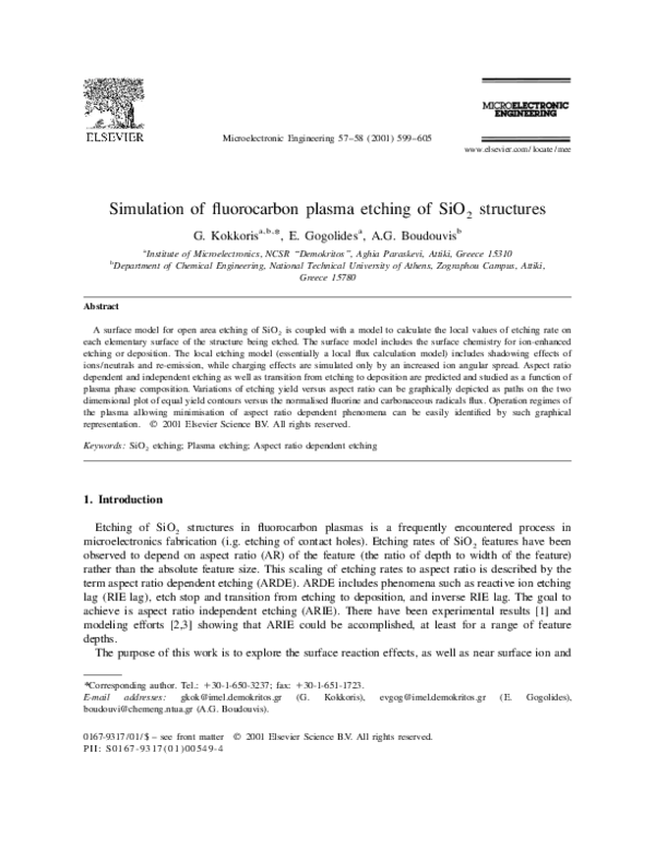 Pdf Simulation Of Fluorocarbon Plasma Etching Of Sio2 Structures