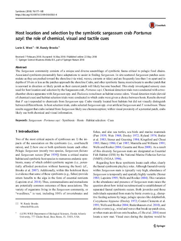 (PDF) Host location and selection by the symbiotic sargassum crab ...