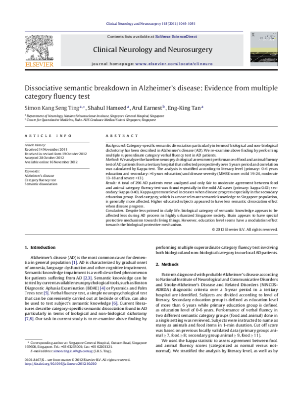 (PDF) Dissociative semantic breakdown in Alzheimer's disease: Evidence ...