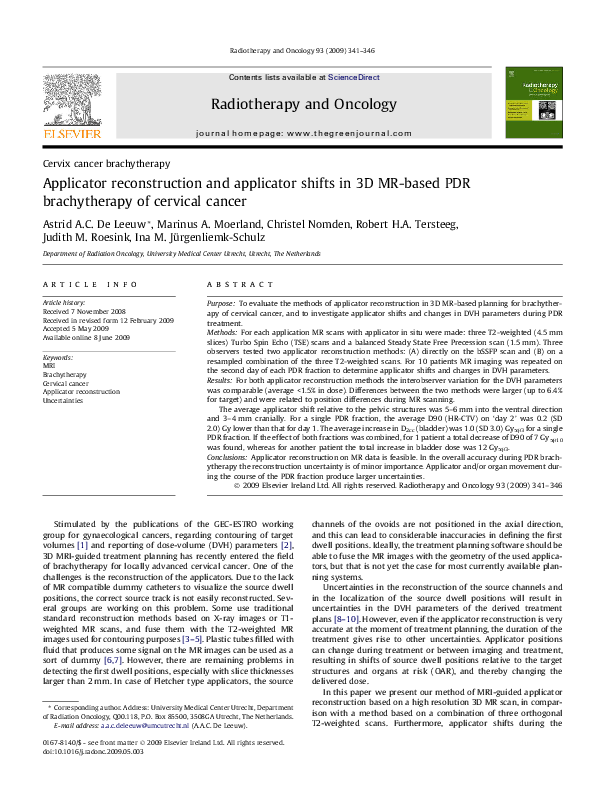 (PDF) Applicator reconstruction and applicator shifts in 3D MR-based ...