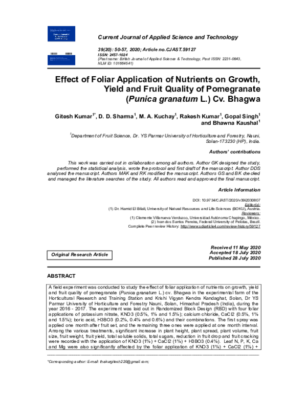 Pdf Effect Of Foliar Application Of Nutrients On Growth Yield And