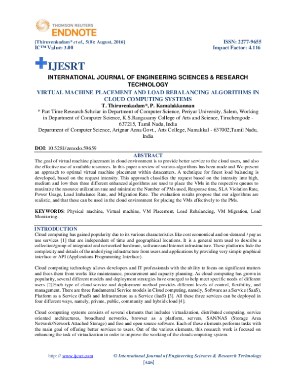 Pdf Virtual Machine Placement And Load Rebalancing Algorithms In Cloud Computing Systems Dr
