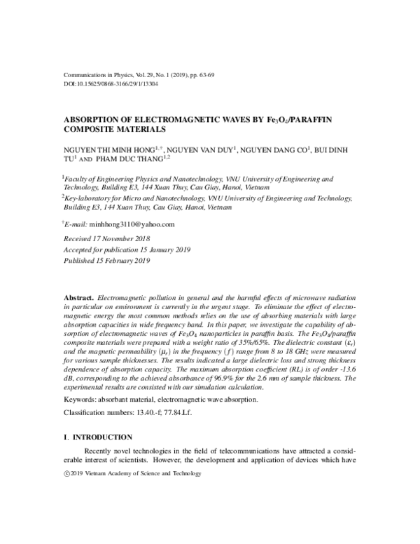 (PDF) Absorption of Electromagnetic Waves by Fe\(_3\)O\(_4\)/Paraffin Composite Materials