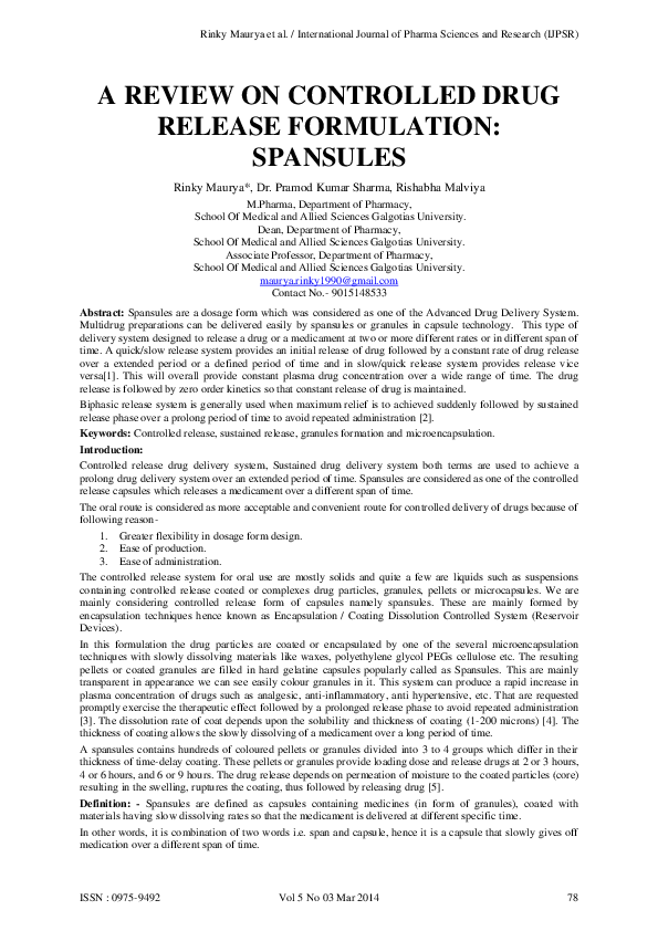 (PDF) A Review on Controlled Drug Release Formulation : Spansules