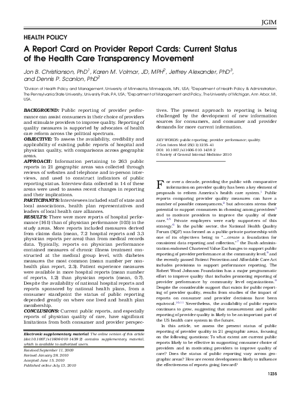 (PDF) A Report Card on Provider Report Cards: Current Status of the ...