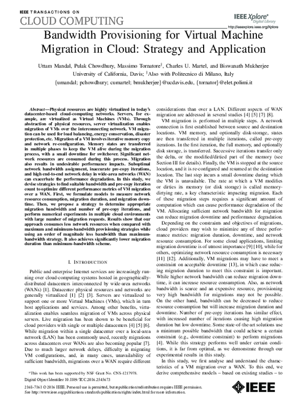 (PDF) Bandwidth Provisioning for Virtual Machine Migration in Cloud: Strategy and Application