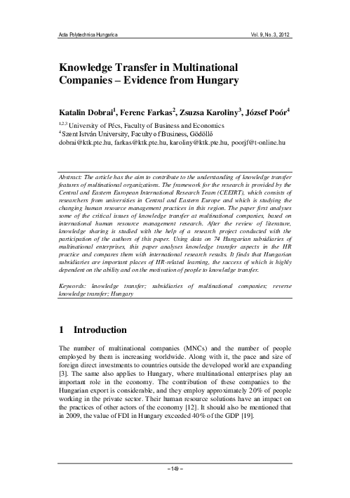 (PDF) Knowledge Transfer in Multinational Companies – Evidence from Hungary