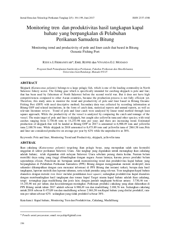 (PDF) Monitoring tren dan produktivitas hasil tangkapan kapal huhate ...