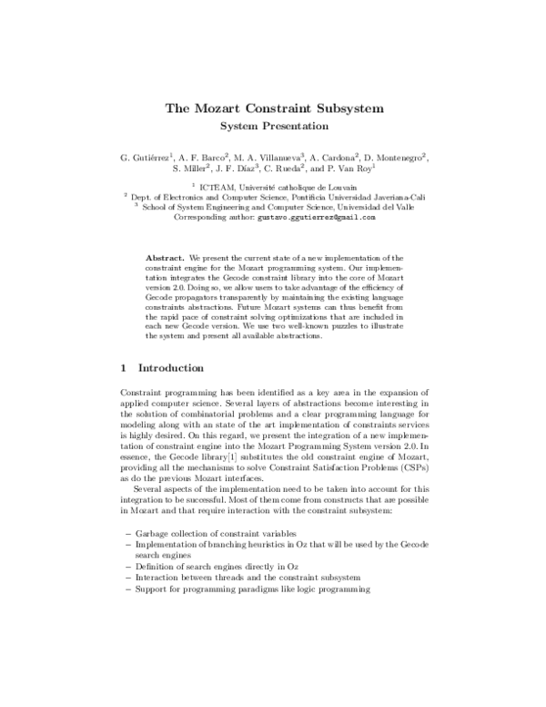 (PDF) The Mozart constraint subsystem: system presentation