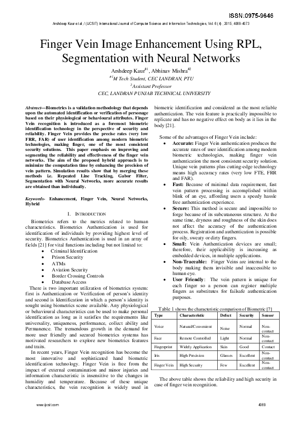 (PDF) Finger Vein Image Enhancement Using RPL , Segmentation with Neural Networks