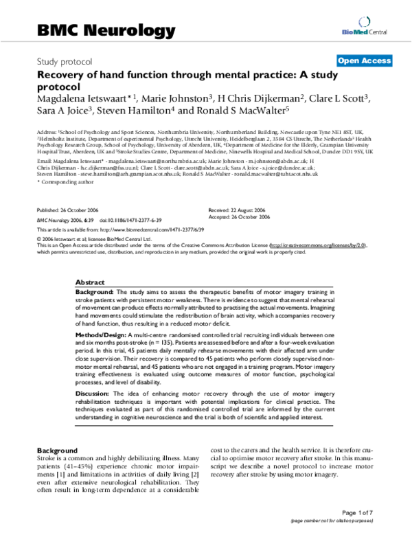 (PDF) Recovery of hand function through mental practice: a study protocol