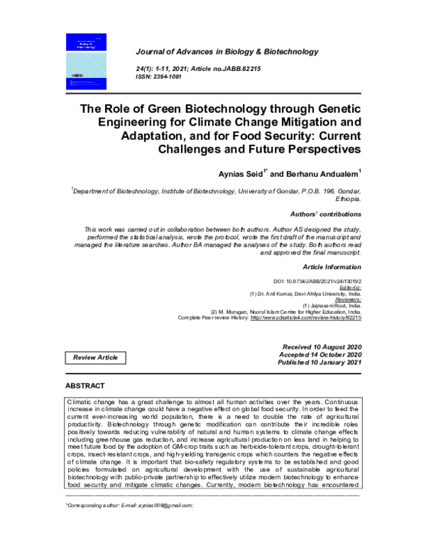 (PDF) The Role of Green Biotechnology through Genetic Engineering for ...