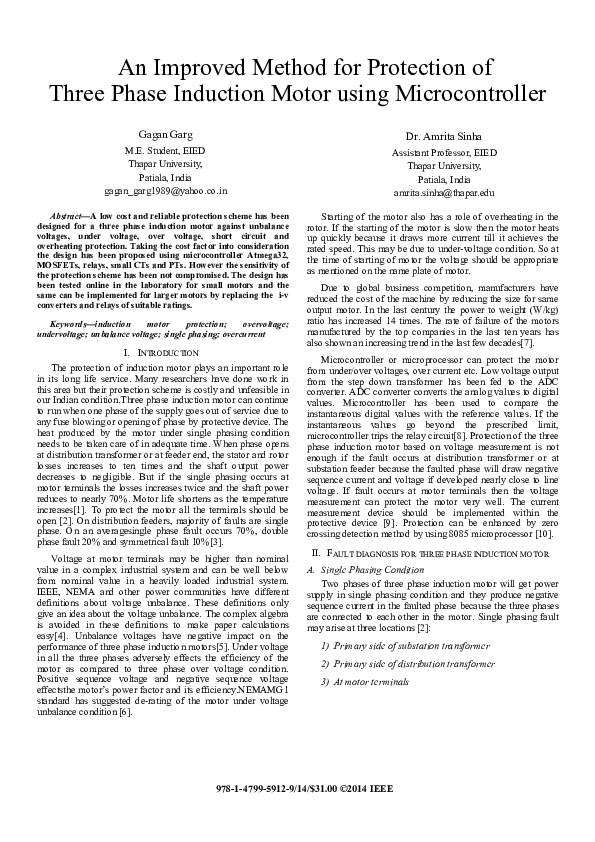 Pdf An Improved Method For Protection Of Three Phase Induction Motor Using Microcontroller