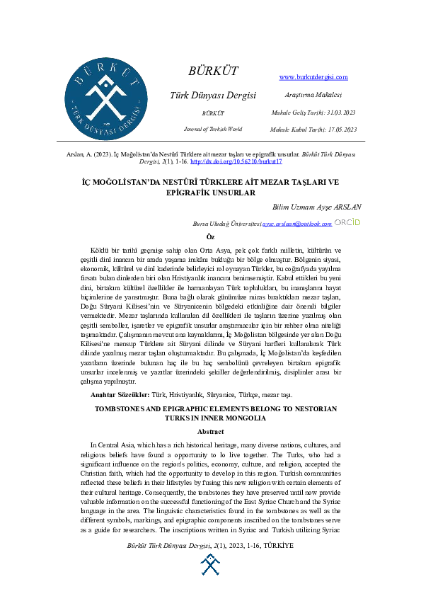 (DOC) İÇ MOĞOLISTAN'DA NESTÛRÎ TÜRKLERE AİT MEZAR TAŞLARI VE EPİGRAFİK ...