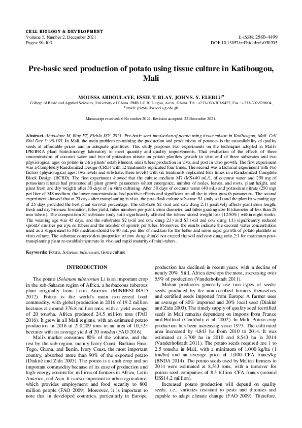 (PDF) Production of potato (Solanum tuberosum) pre-basic seed through ...