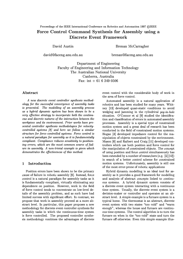 (PDF) Force control command synthesis for assembly using a discrete event framework