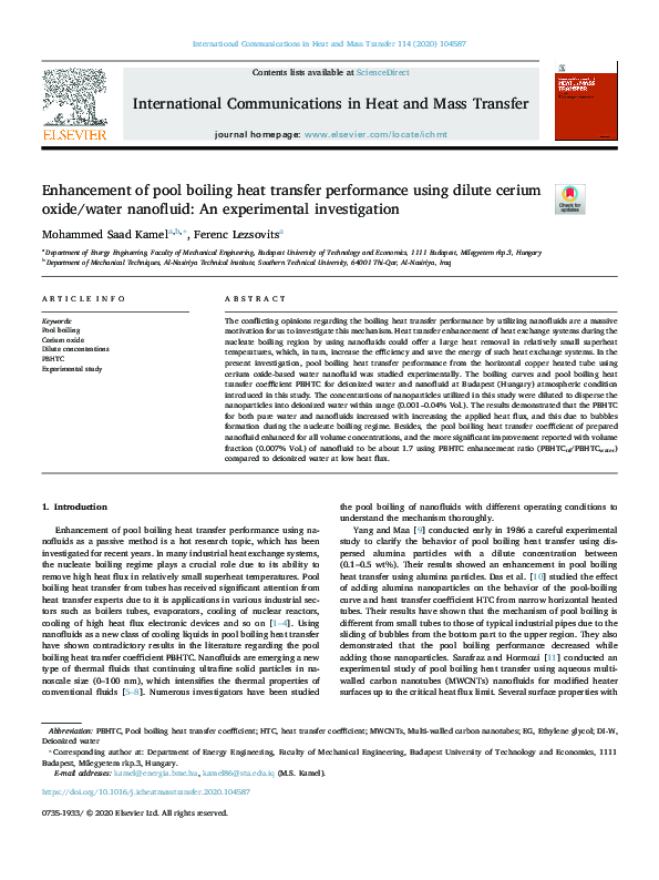 Pdf Enhancement Of Pool Boiling Heat Transfer Performance Using Dilute Cerium Oxide Water