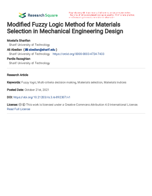 (PDF) Modified Fuzzy Logic Method for Materials Selection in Mechanical Engineering Design