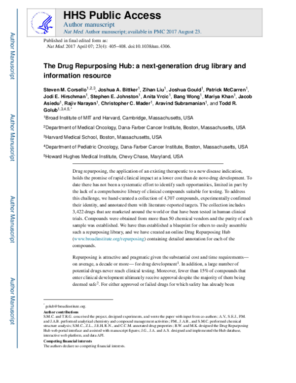 (PDF) The Drug Repurposing Hub: a next-generation drug library and ...