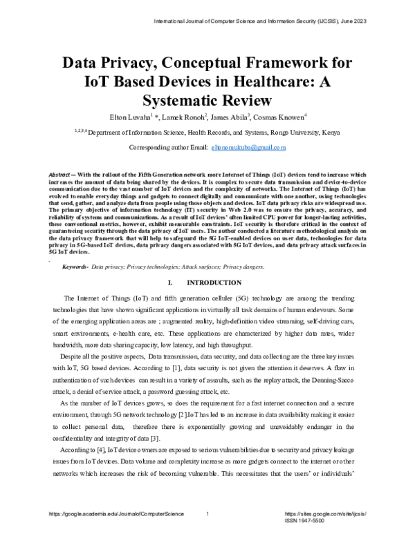 (PDF) Data Privacy, Conceptual Framework for IoT Based Devices in Healthcare: A Systematic Review