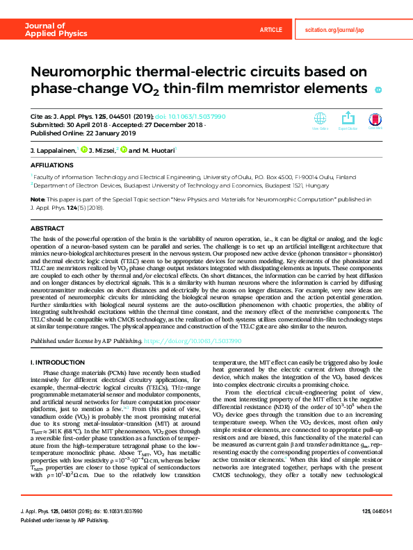 (PDF) Neuromorphic thermal-electric circuits based on phase-change VO2 thin-film memristor elements